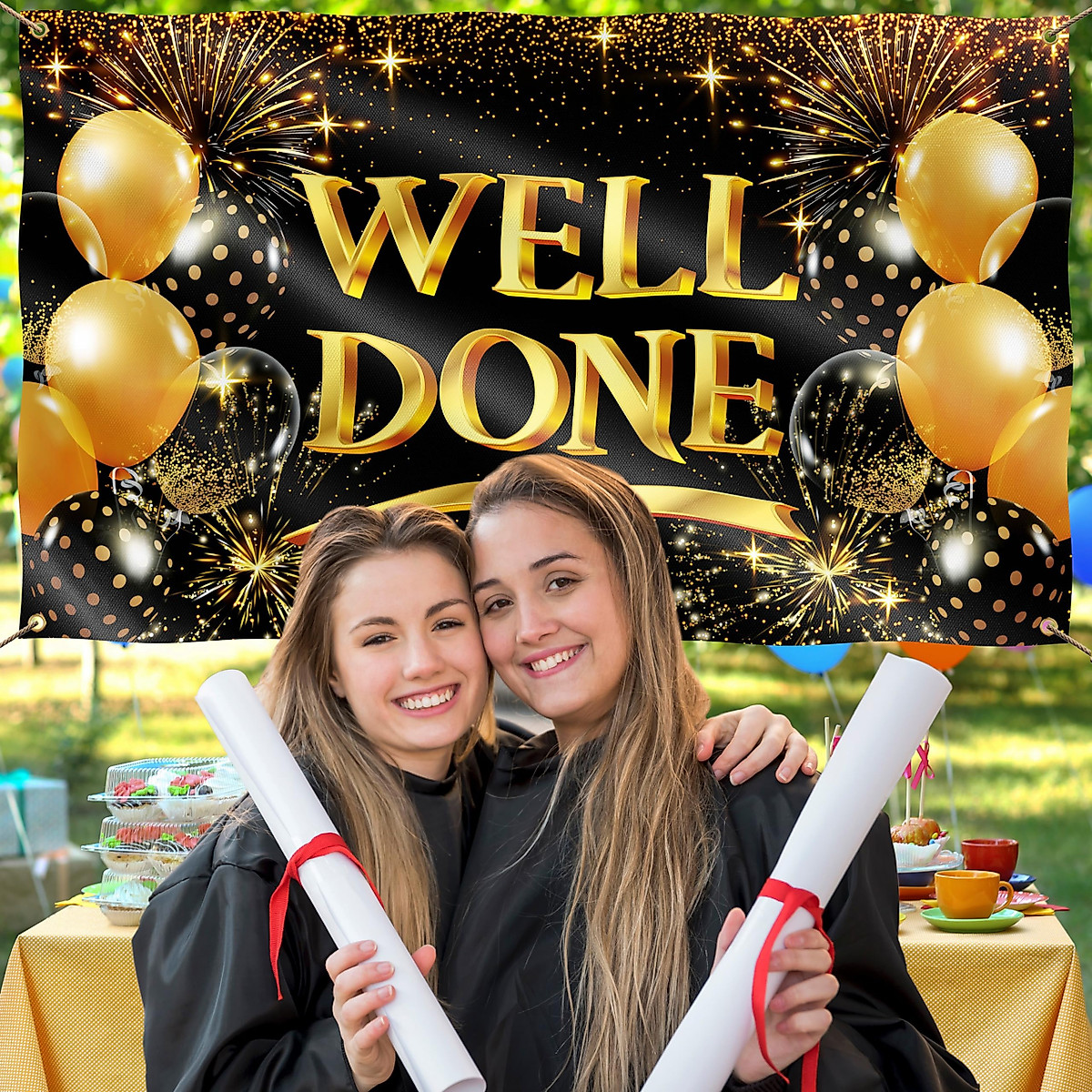 Well Done Banner - Congratulations Banner - Congratulations Decorations - Congrats Banner - We are so Proud of You Banner - Graduation Banner - Graduation Decorations - 5ft x 3ft (Black & Gold)