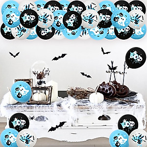 Kreatwow Halloween Baby Shower Balloon Boy 45pcs Blue Black Halloween Balloon Baby Shower Decor with Pumpkin Skull Bat Ghost Print for Halloween Birthday Party Little Boo Happy Boo Day Baby Shower
