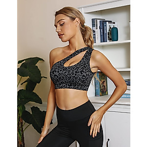 Sykooria Womens One Shoulder Sports Bras Workout Yoga Bra Sexy Cute Medium Support Leopard Print Black S-XXL