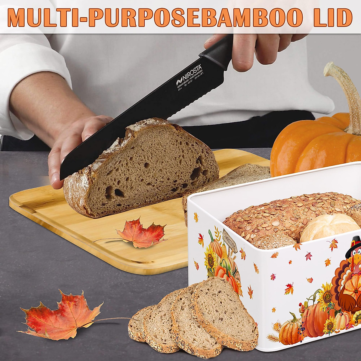 Thanksgiving Bread Box with Bamboo Cutting Board Lid, Modern Metal Bread Storage Container, Farmhouse Thanksgiving Turkey Decorations Table Decor for Dining Room, Thanksgiving Gifts for Women