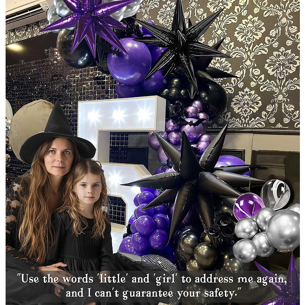 yeewaka purple black and silver balloon garland arch kit 150pcs with starburst balloons for Wednesday theme party for Halloween Vampirina Nightmare Ghost Eyes Party decorations