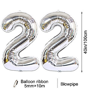 2pcs 40 Inch Number Balloon Foil Balloons Number 22 Jumbo Giant Balloons Prom Balloon Mylar Huge Number Balloon for Birthday Party Decoration Wedding Anniversary, XXXL Silver 22 Number Balloon