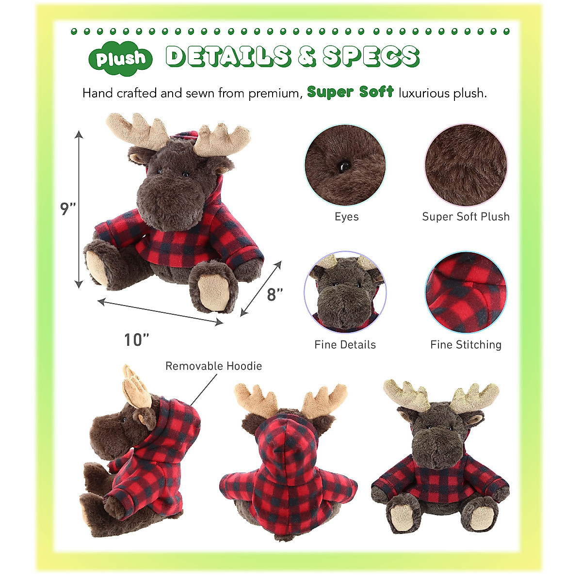 DolliBu Plush Moose with Red Plaid Hoodie - Soft Huggable Wild Life Moose, Adorable Playtime Zoo Moose Plush with Clothes, Cute Wildlife Cuddle Gift for Kids and Adults