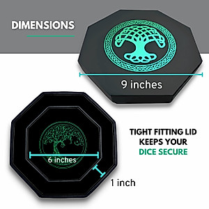 Luck Lab 8 Inch Dice Tray – Green - with Lid and Dice Staging Area for RPG Table Top Gaming- Tree of Life Design