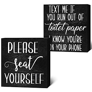 2 Pieces Funny Farmhouse Bathroom Signs Decor Classic Wooden Box Sign Rustic Toilet Paper Sign Guest Restroom Wooden Wall Art for Home Bathroom Toilet Decoration, 6 x 6 Inch(Classic Style)