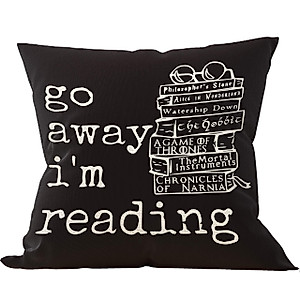 Mancheng-zi Funny Quotes Go Away I'm Reading Throw Pillow Case, Gift for Book Lover Friend, Bedroom Reading Book Club Decor,18 x 18 Inch Black Linen Cushion Cover for Sofa Couch Bed (Black)