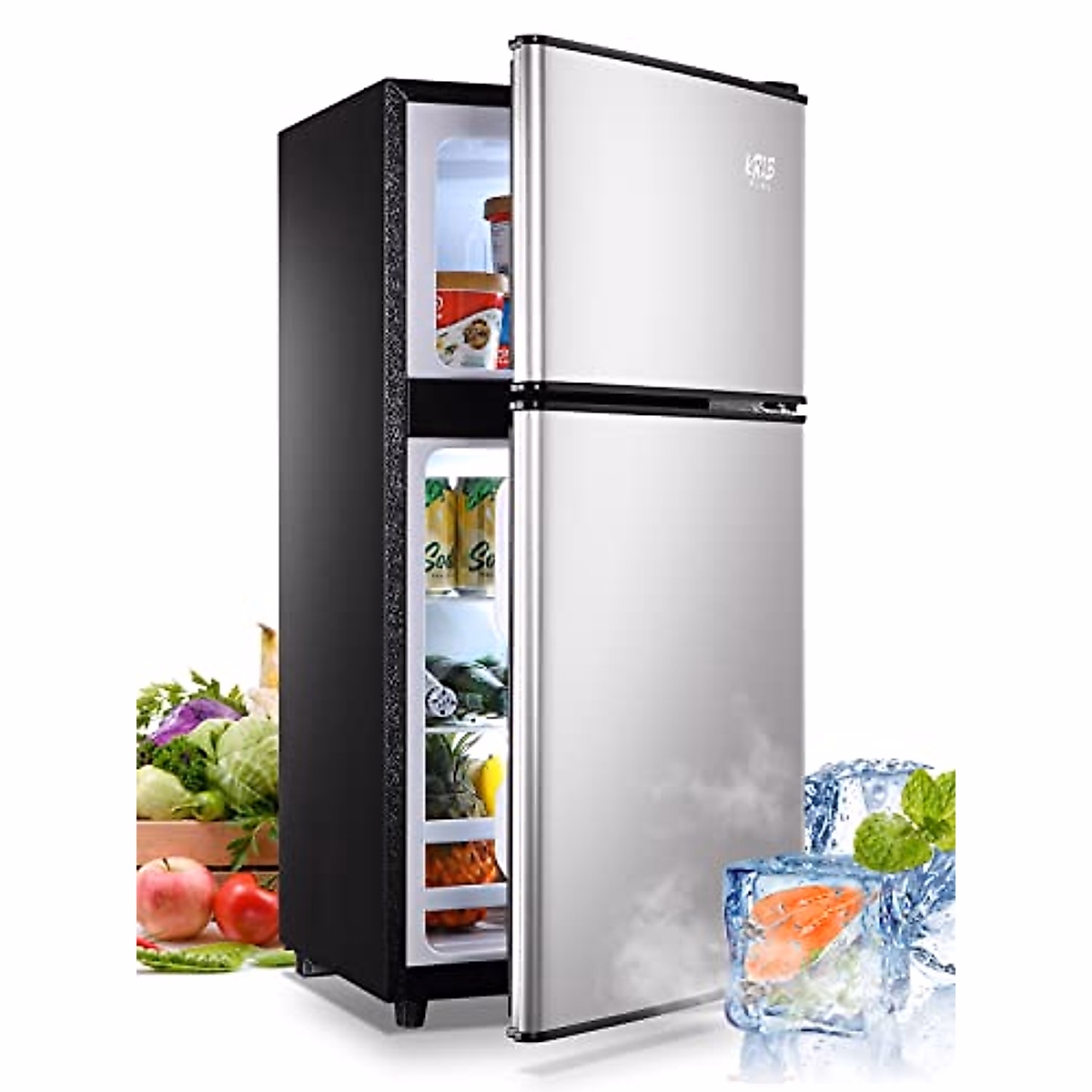 KRIB BLING 3.5Cu.Ft Compact Refrigerator Mini Fridge with Freezer, Small Refrigerator with 2 Door, 7 Level Thermostat Removable Shelves for Kitchen, Dorm, Apartment, Bar, Office Silver