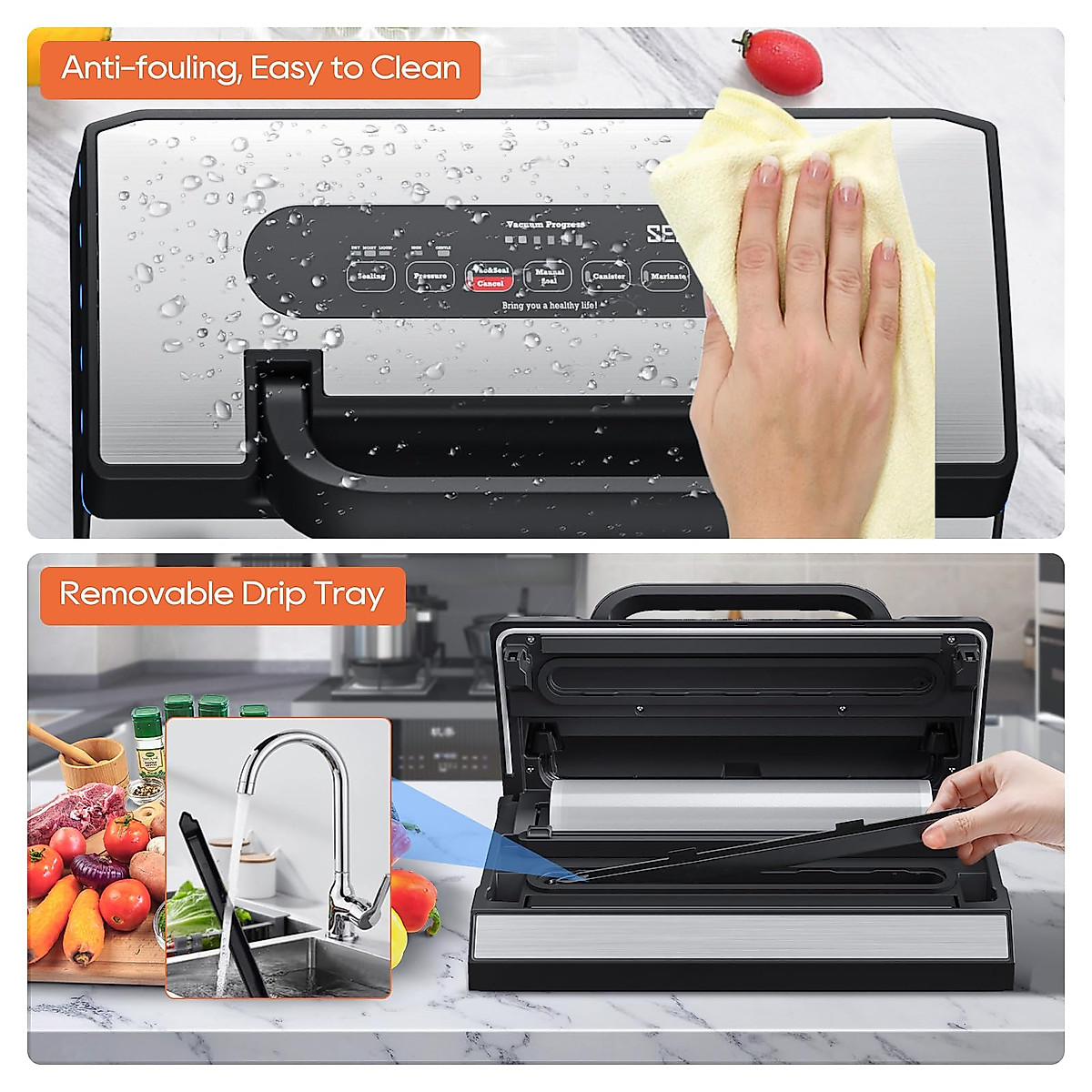 Seatao Commercial Vacuum Sealer Machine,90Kpa Multifunctional Food Saver Vacuum Sealer Machine with Dry/Moist Modes and LED Indicator Lights,Handle Locked Design,For Sous Vide and Air Tight Food Storage,Silver