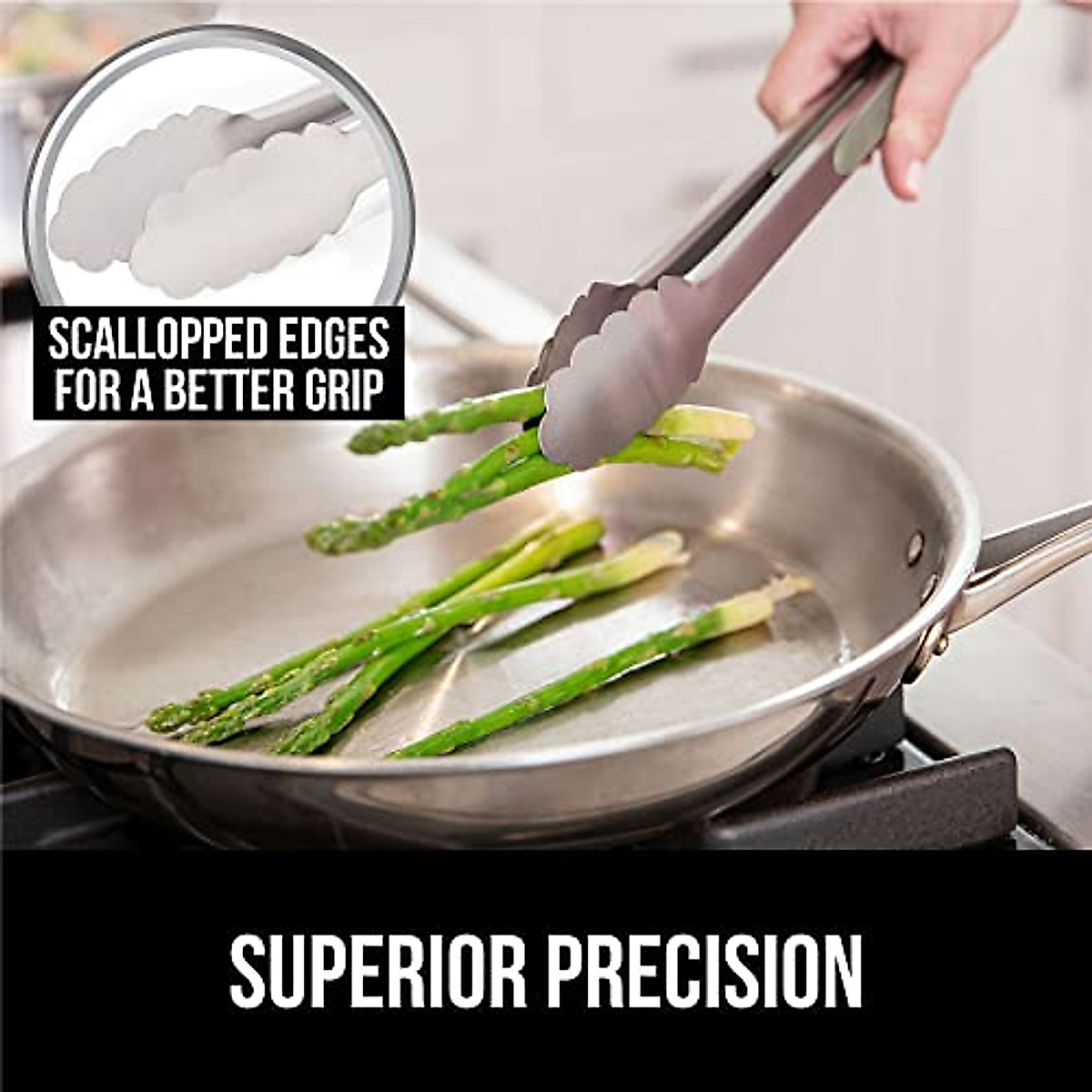 Gorilla Grip Stainless Steel Metal Tongs, 16 Inch, Heat Resistant up to 484 Degrees, Kitchen Utensil, Comfortable Silicone Handle, Easy Pull Lock, Strong Kitchen Tong for Cooking, Grilling, Almond