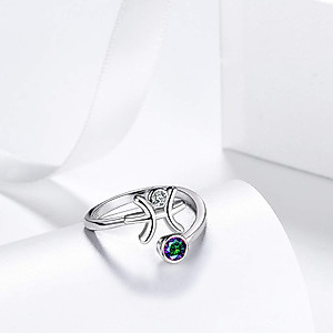 Aurora Tears Pisces Zodiac Rings Women 12 Constellation Horoscope Sign 925 Sterling Silver Mystic Rainbow Topaz Astrology Star Adjustable Birthday Gifts Fire Topaz Present DR0087Y