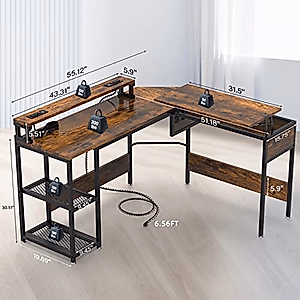 Computer Desk with Power Outlet and Lift Top, 55" L Shaped Gaming Desk, DORPU Corner Desk with Monitor Shelf and USB Port, L Shape Standing Desk Adjustable Sit to Stand Desk with Shelves, Rustic Brown