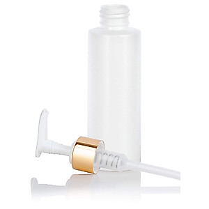 JUVITUS 4 oz / 120 ml White Plastic HDPE Refillable Cylinder Squeeze Bottle with Gold Lotion Pump (6 Pack)