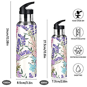 CZXW Butterfly Lavender Water Bottle Acuum Insulated Stainless Steel Leakproof Wide Mouth with Straw Lid for Fitness Gym and Outdoor Sports 34oz