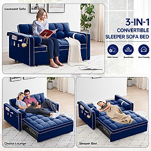 SLEERWAY Convertible Sofa Bed, 3-in-1 Sleeper Sofa with Pull-Out Bed, Velvet Futon Couch with Adjustable Backrest and Side Pocket, Modern Loveseat for Living Room Apartment, Blue