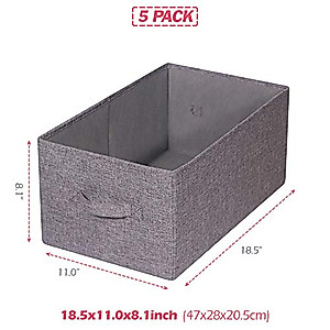 TENABORT Set of 5 Closet Organizer Bins with Handle, Linen Fabric Foldable Storage Baskets Cloth Box Containers for Shelves Home Office Clothes Clothing, Gray, Jumbo