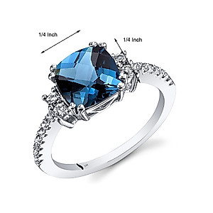 PEORA London Blue Topaz Ring for Women 14K White Gold with White Topaz, Natural Gemstone Birthstone, Designer 2.50 Carats Cushion Cut 8mm, Comfort Fit, Size 7