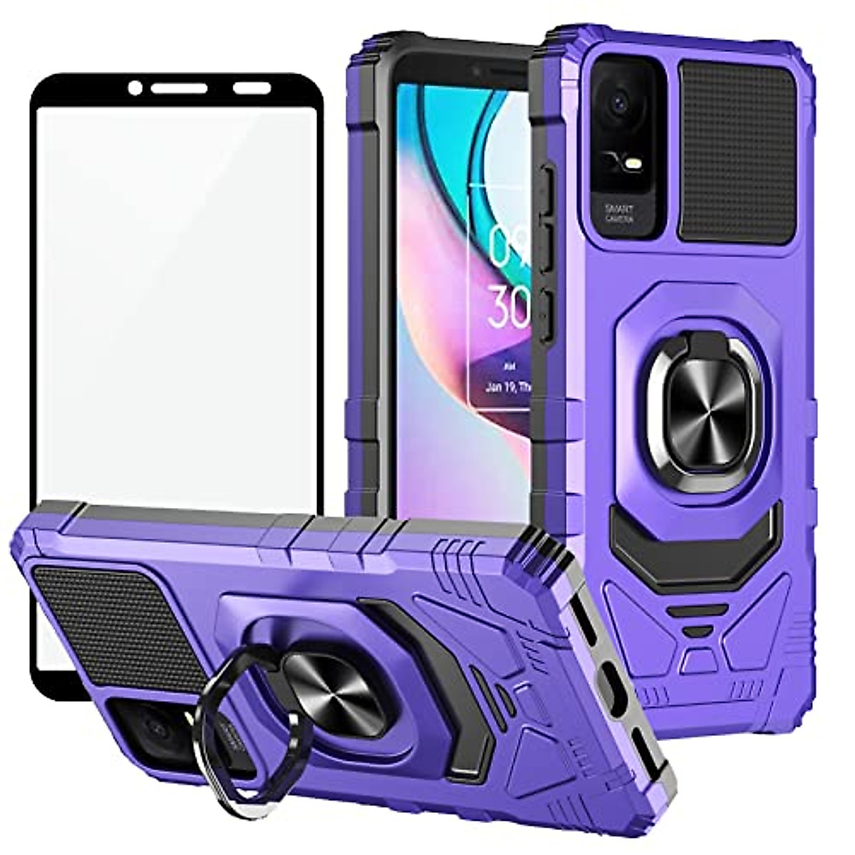 Ailiber for TCL ION X Phone Case, TCL ION V Case with Screen Protector, Ring Kickstand for Magnetic Car Mount, Military Grade, Heavy Duty Shockproof Protective Cover for TCL IONX/TCL IONV-Purple