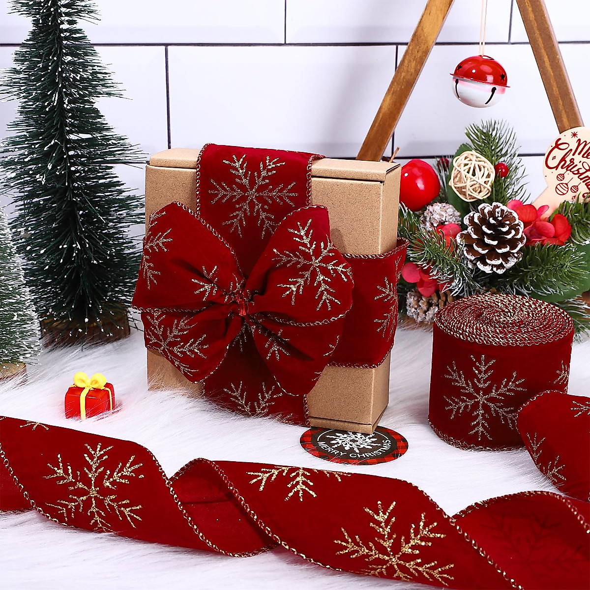 Whaline 2 Rolls Christmas Velvet Wired Ribbon 2.5 Inch Winter Snowflake Velvet Ribbon Burgundy Gold Glitter Xmas Decor Wrapping Ribbon for Gift Wrapping Bow Wreath Crafts Home Decor, 20 Yards
