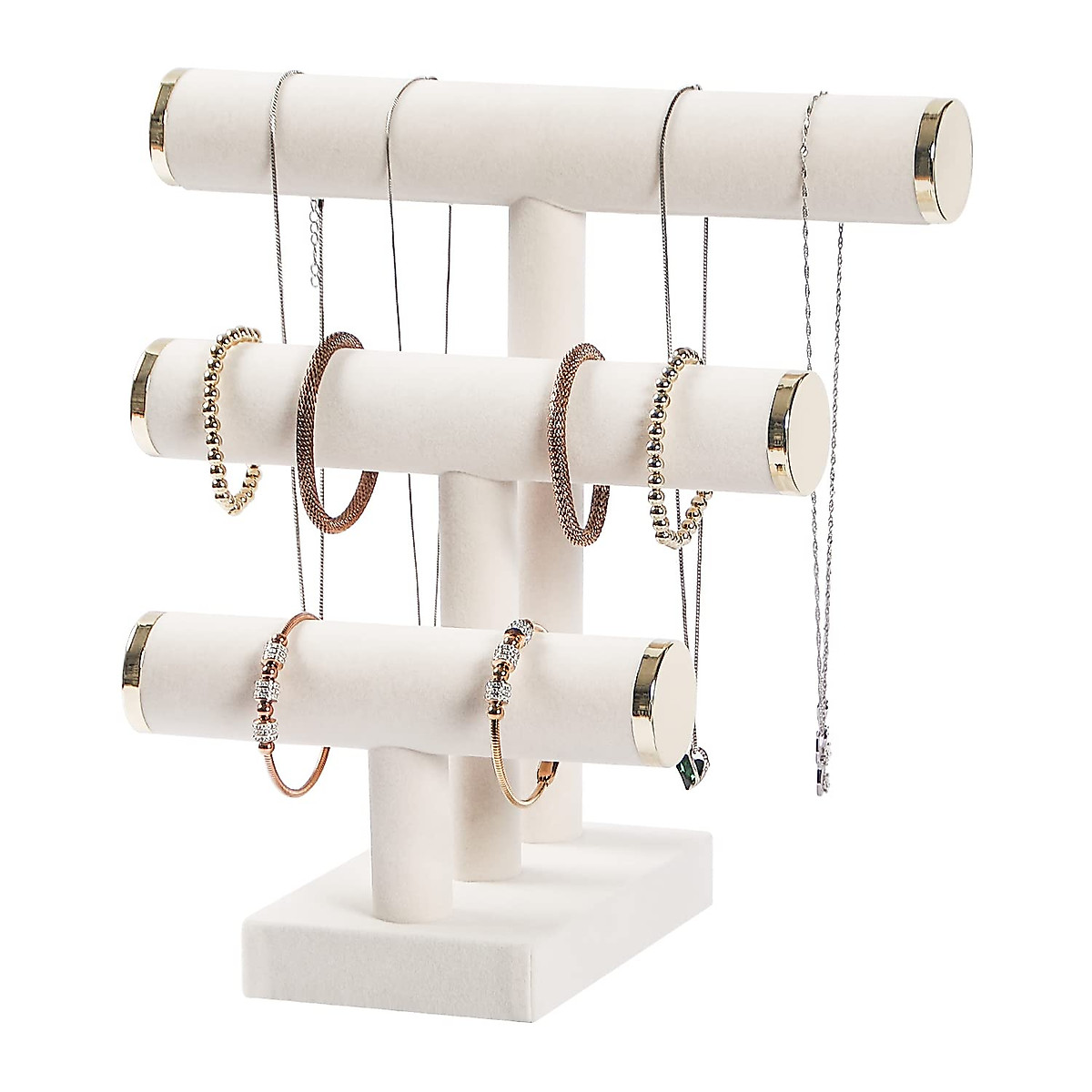 Pengup 3 Tier Bracelet Holder,Bracelet Display Stand with Metal Cap,Beige White Velvet Jewelry Organizer Displays for Necklace Scrunchies Watches Hair Ties.
