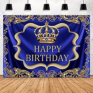 Aperturee Royal Blue and Gold Happy Birthday Backdrop 7x5ft Little Baby Boy Prince King Crown Photography Background Celebration Party Decoration Supplies Cake Table Banner Photo Booth Prop
