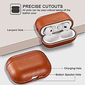 ICARERFAMILY Leather Case for AirPods Pro 2 (2022), Genuine Leather Shockproof Protective Cover for AirPods Pro 2 Earphones Charging Case (LED Visible) Support Wireless Charger Brown