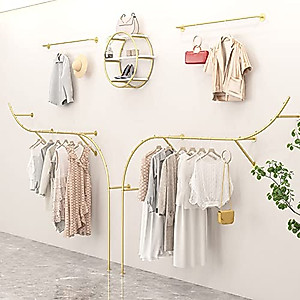 Retail Clothing Display racks for Boutique store Gold Closet Rod clothes racks, modern industrial pipe wall-mounted Garment rack display shelves, home cloakroom clothes organizer storage racks shelf