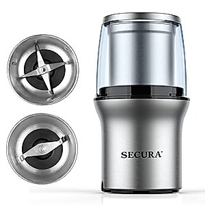 Secura Electric Coffee Grinder and Spice Grinder with 2 Stainless Steel Blades Removable Bowls