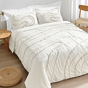 Sweet Jojo Designs Boho Tufted Swirl Queen Duvet Cover Bedding Set Full Size Bed Comforter Case Shams 3pc - Neutral Ivory Taupe Bohemian Pattern Geometric Cream Off White Abstract Unisex