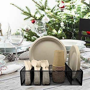 DysanVica Metal Paper Plate Dispenser - Utensil Holder for Kitchen Counter Cabinet Silverware Caddy Cutlery Flatware Organizer Storage Box for Plastic Spoon Fork Plates Napkins Cup Party Camping Black