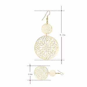 IDB Delicate Filigree Dangle Double Circle Drop Hook Earrings - Approx 3 1/4 inches (3.25" / 8.2 cm) Length x 1 13/16 inches (1.81" / 4.6cm) - (Gold Tone)