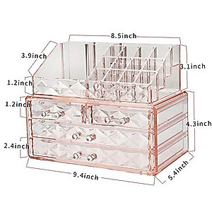ZHIAI Jewelry and Cosmetic Boxes with Brush Holder - Pink Diamond Pattern Storage Display Cube Including 4 Drawers and 2 Pieces Set