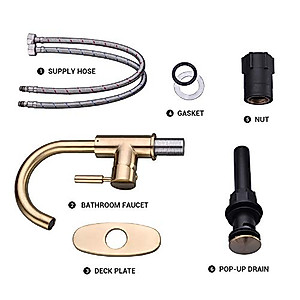 Single Handle Bathroom Lavatory Sink Faucet Mixer,Basin Faucet with Pop-up Sink Drain and Deck Plate,Bar Sink Faucet,Brushed Gold