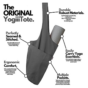 Yogiii Yoga Mat Bag | The ORIGINAL YogiiiTote Yoga Bag | Sling Yoga Tote w/Large Side Pocket & Zipper Pocket | Yoga Mat Carrier Fits Most Size Mats (Ash Gray)