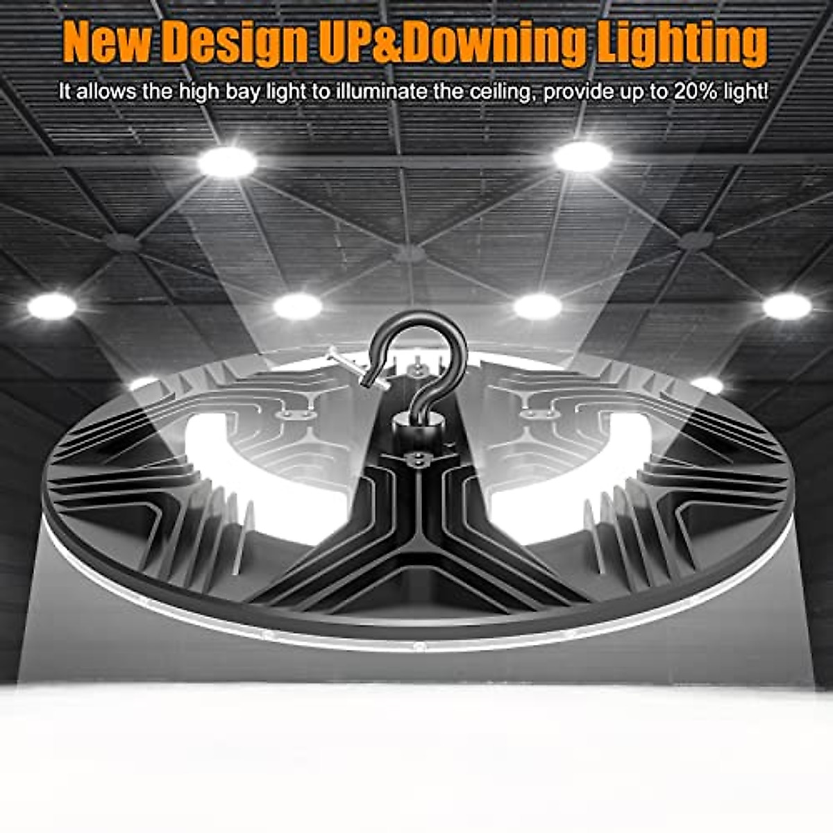 NUOGUAN UFO LED High Bay Light 300W 42,000lm(1500W HID/HPS Equiv) 5000K Up and Down Lighting with US Plug 6'Cable AC120V IP65 Commercial Warehouse Lighting Fixture for Workshop, Garage, Factory
