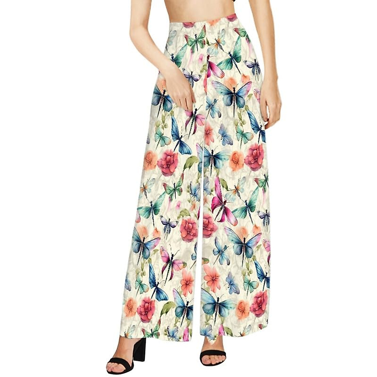 Irisjudy Women's Comfy Yoga Sweatpants Watercolor Dragonfly Casual Pajamas, Paint Dragonfly Floral Palazzo Lounge Pants Stretchy Loose Fit Casual Trousers