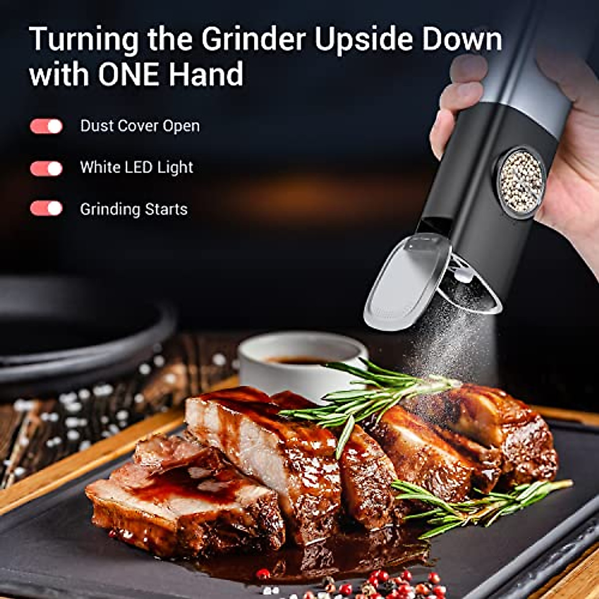 Gravity Electric Salt and Pepper Grinder Set, Rechargeable Salt and Pepper Grinder Set with Charging Base, Safe Switch, Automatic Pepper Grinder with Dustproof Cover, LED Light, Adjustable Coarseness