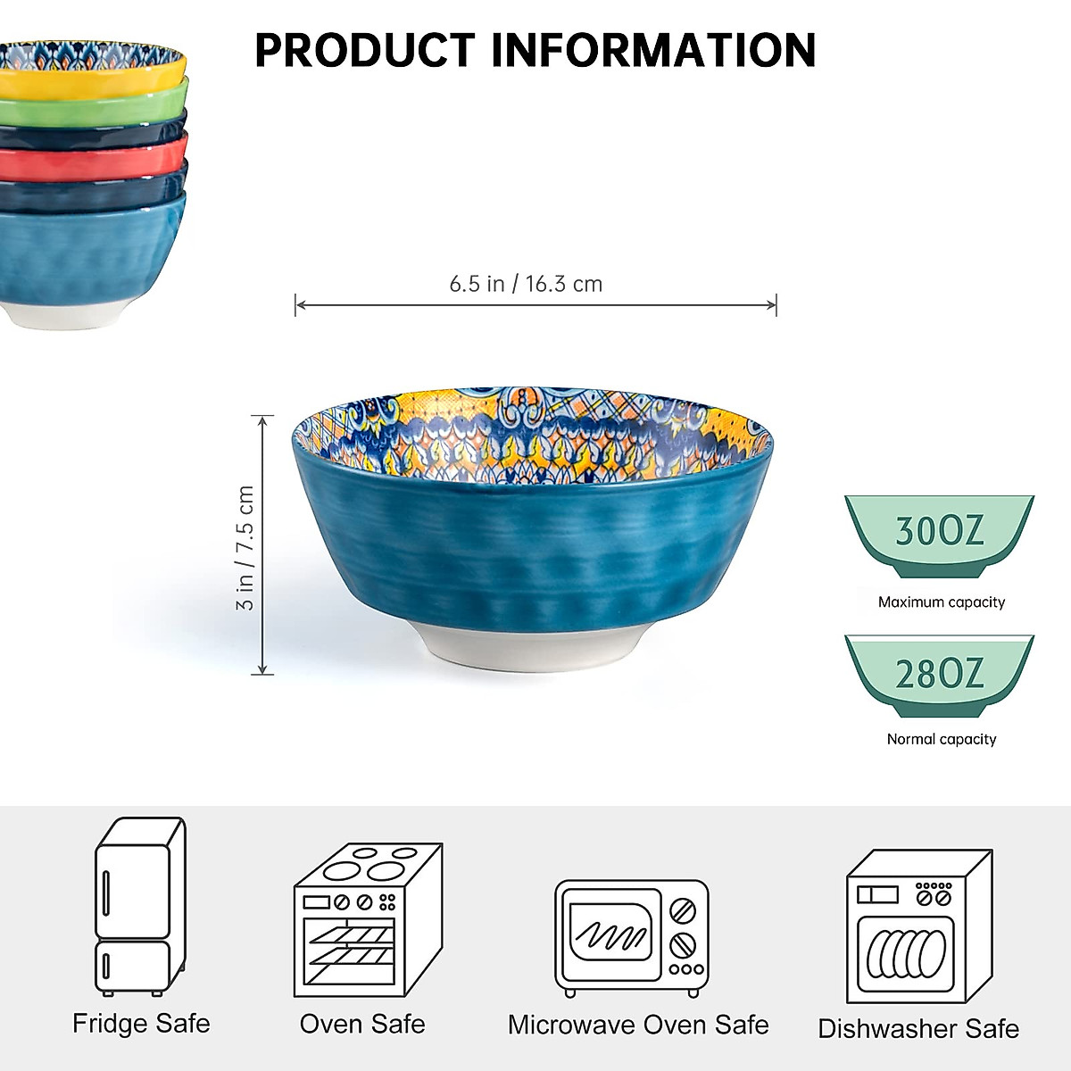 HENXFEN LEAD Ceramic Soup, Pasta Bowls Bundle - Colorful Bowls for Kithchen, Dinner, Eating -Bohemian Style