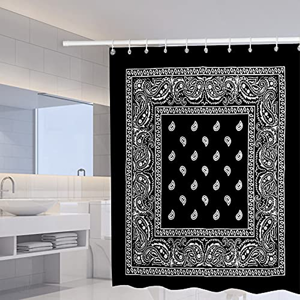 Paisley Black Bandana Bohemian Ethnic Pattern Waterproof Printing 4 Piece Shower Curtain Set with Non-Slip Carpet U-Shaped Bath mat Modern Bathroom Curtain Toilet Cover Cover 72x72 inches