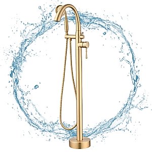 PROOX Freestanding Bathtub Faucet Floor Mounted, High Flow Free Standing Tub Filler with Hand Sprayer, Swivel Spout - Brushed Gold
