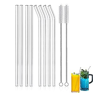8Pcs Reusable Glass Straws, Clear Bent & Straight Drinking Straws for Smoothie Milkshake Cocktail Cold Drinks