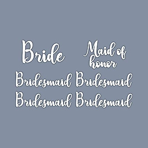 Set of 6 Vinyl Art Decals - Bride Bridesmaid Maid of Honor - from 0.5" to 3" Each - for Phone Case Heels Shoes Hangers Wedding Decor (White)