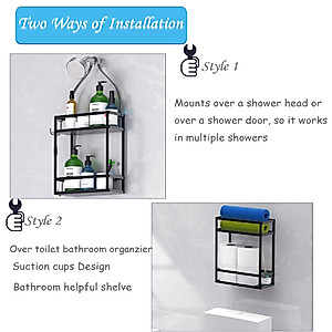 Meangood Shower Caddy Organizer,Mounting Over Shower Head Or Door,Extra Wide Space for Shampoo, Conditioner, and Soap with Hooks for Razorsand More,10.5" x 4.5" x 22.4", Mental Black