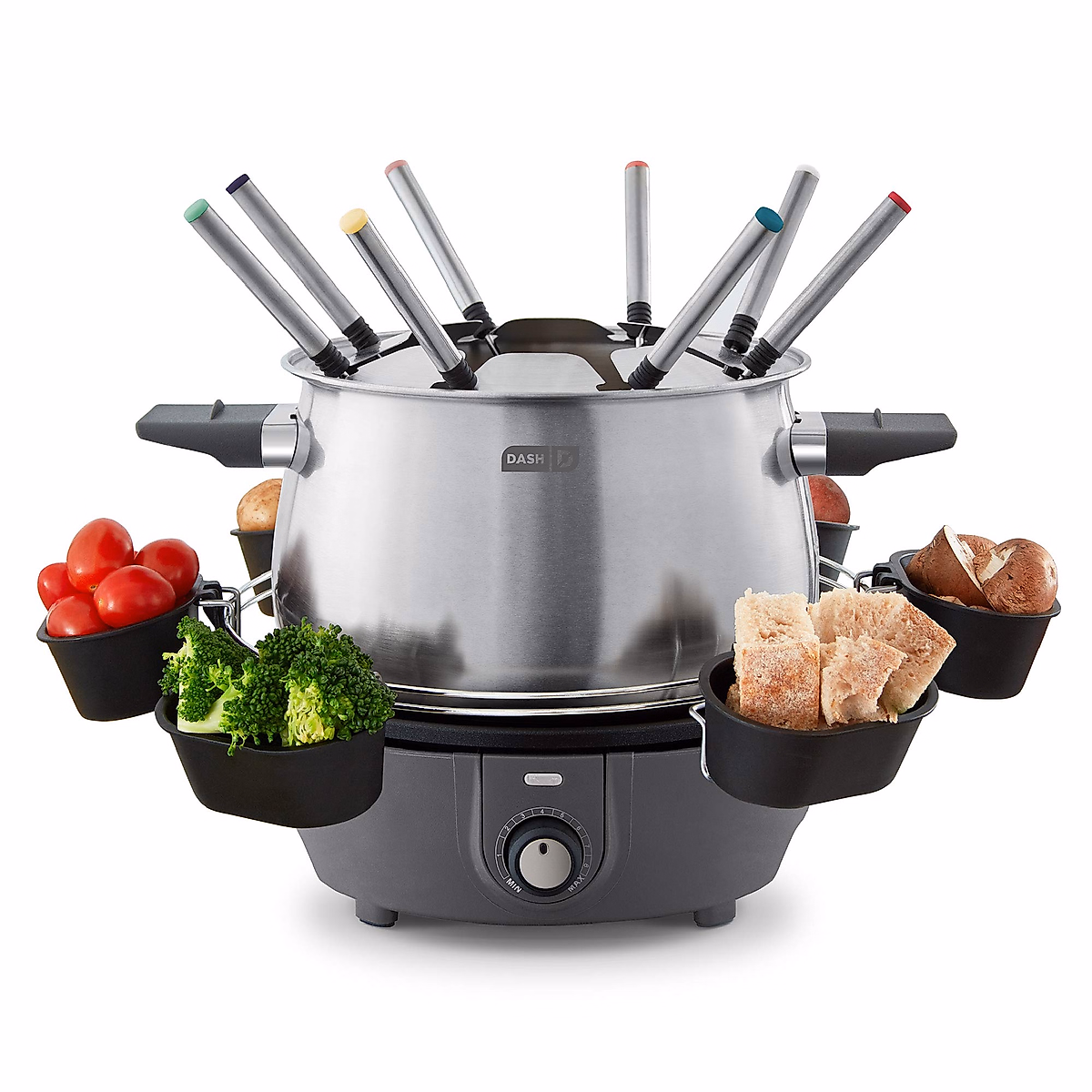 Dash Deluxe Stainless Steel Fondue Maker with Temperature Control, Fondue Forks, Cups, and Rack, with Recipe Guide Included, 3-Quart, Non-Stick – Grey