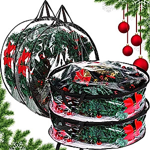 Zhengmy 30'' 24'' Christmas Wreath Storage Container - 4 Pack Clear Xmas Bags with Handle and Dual Zipper Plastic Decorative Protector for Seasonal Holiday Garland (Black)