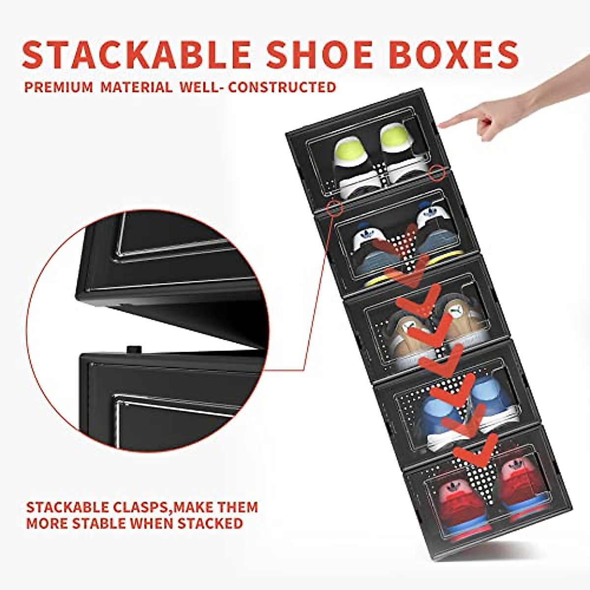 12 Pack Shoe Organizer Boxes, Black Plastic Stackable Shoe Storage Bins For Closet, Space Saving Shoe Holder Sneaker Display Case