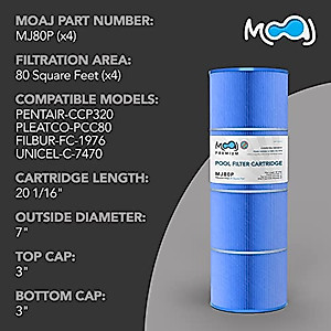 MOAJ Premium Pool Filter 4-PACK Replaces Pentair CCP320, Clean And Clear Plus 320, R173573, 160340, PCC80, PCC80-PAK4, Filbur FC-1976, Unicel C7470, Crystal Water 325 | 20 1/16" x 7" | Asepsis-Infused