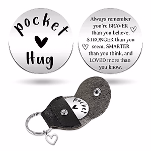 LRUIOMVE Always Remember You are Braver Than You Believe, Pocket Hug Token with Leather Keychain, Stainless Steel Double Sided Coin Long Distance Relationship Keepsake Gift