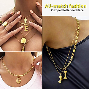 Gold Plated Diamond Cut Letter Initial T Pendant Necklace for Women A-Z Name Jewelry 16Inch/18inch Figaro Choker Chain Adjustable Personalized