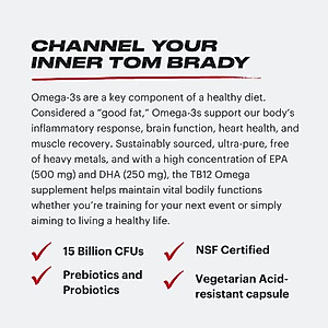 TB12 Omega 3 Fish Oil Supplement by Tom Brady - High potency, Essential Fatty Acids, Brain & Heart Health, Recovery, Non GMO, NSF Certified for Sport, 1250 mg (500mg DHA and 250mg EPA), 60 softgels