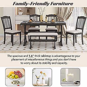 HAUSHECK Rectangular Table with X-Frame Legs, Upholstered Bench & Chair with Hollowed Backrests, Padded Cushion, Modern Rustic Style Home Furniture, Kitchen & Dining Room Sets for 6, Gray